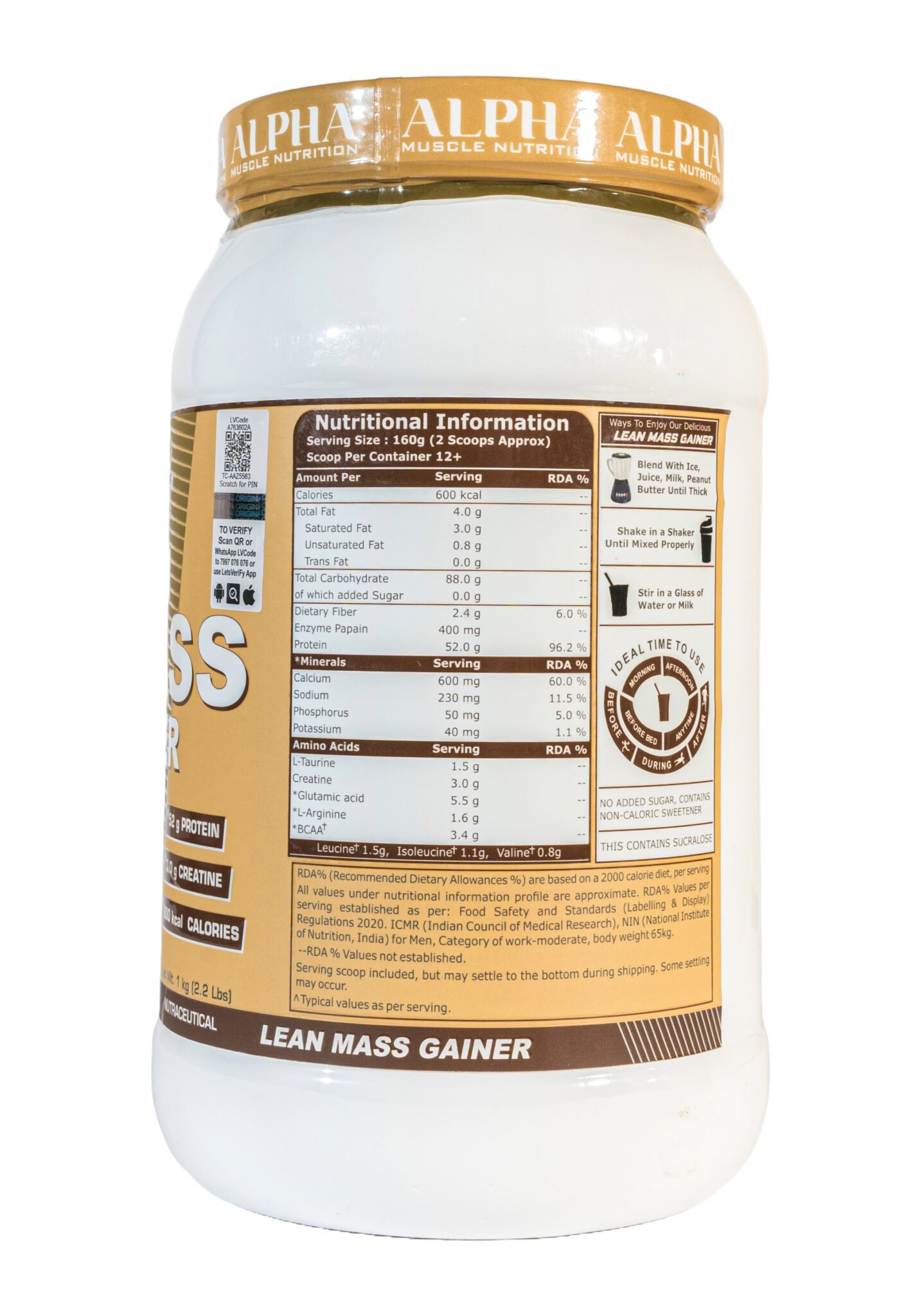 Alpha Muscle Lean Mass Gainer | High Protein | 52g Protein | 3g ...